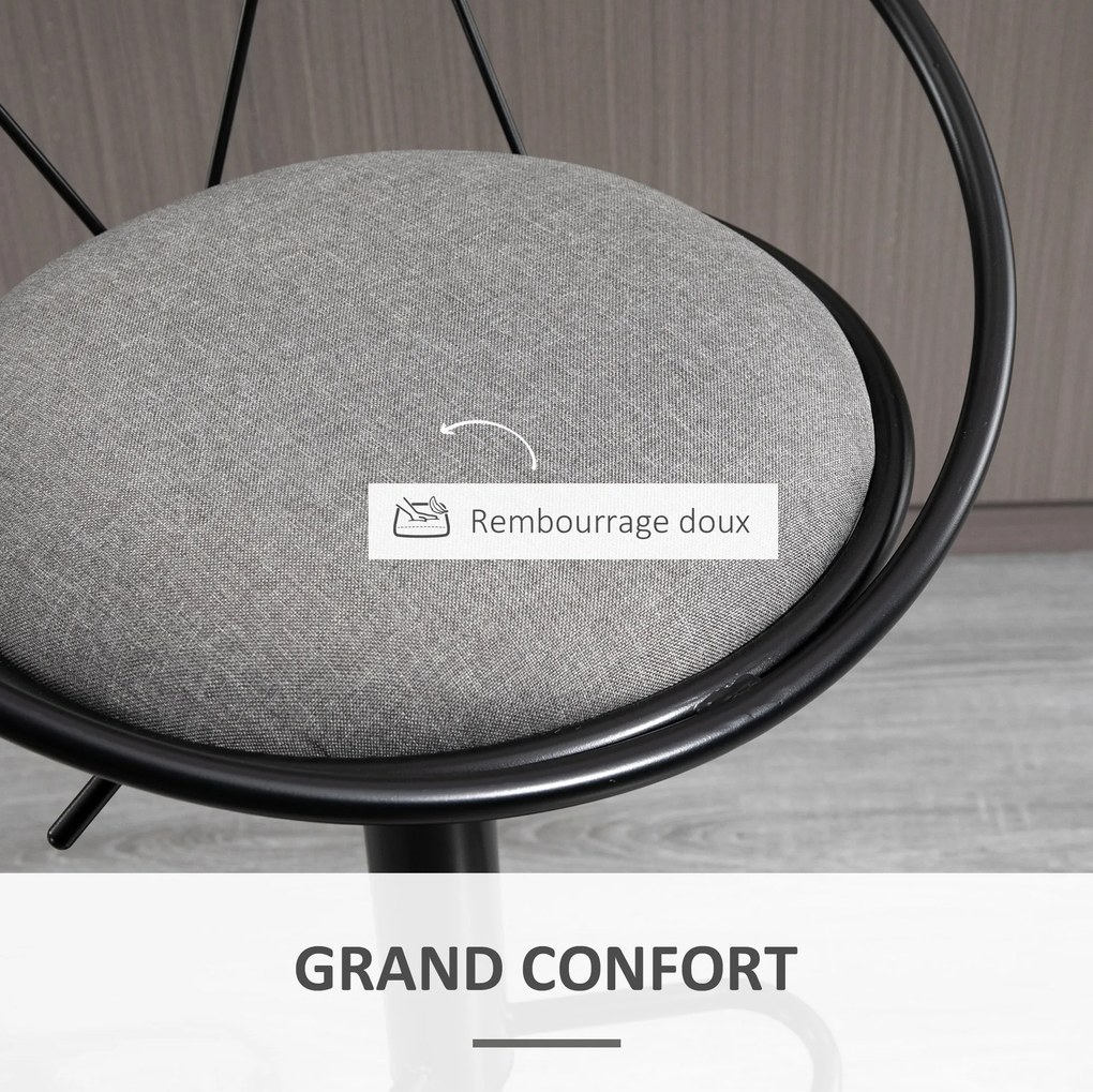 HOMCOM Sada 2 barových židlí v neo-retro designu s nastavitelným otočným kovovým podnožím, černá šedá len