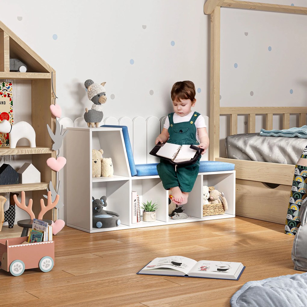 HOMCOM knihovní lavice 2 v 1 s 5 úložnými přihrádkami a 2 polštáři 108 x 30 x 60 cm bílá modrá