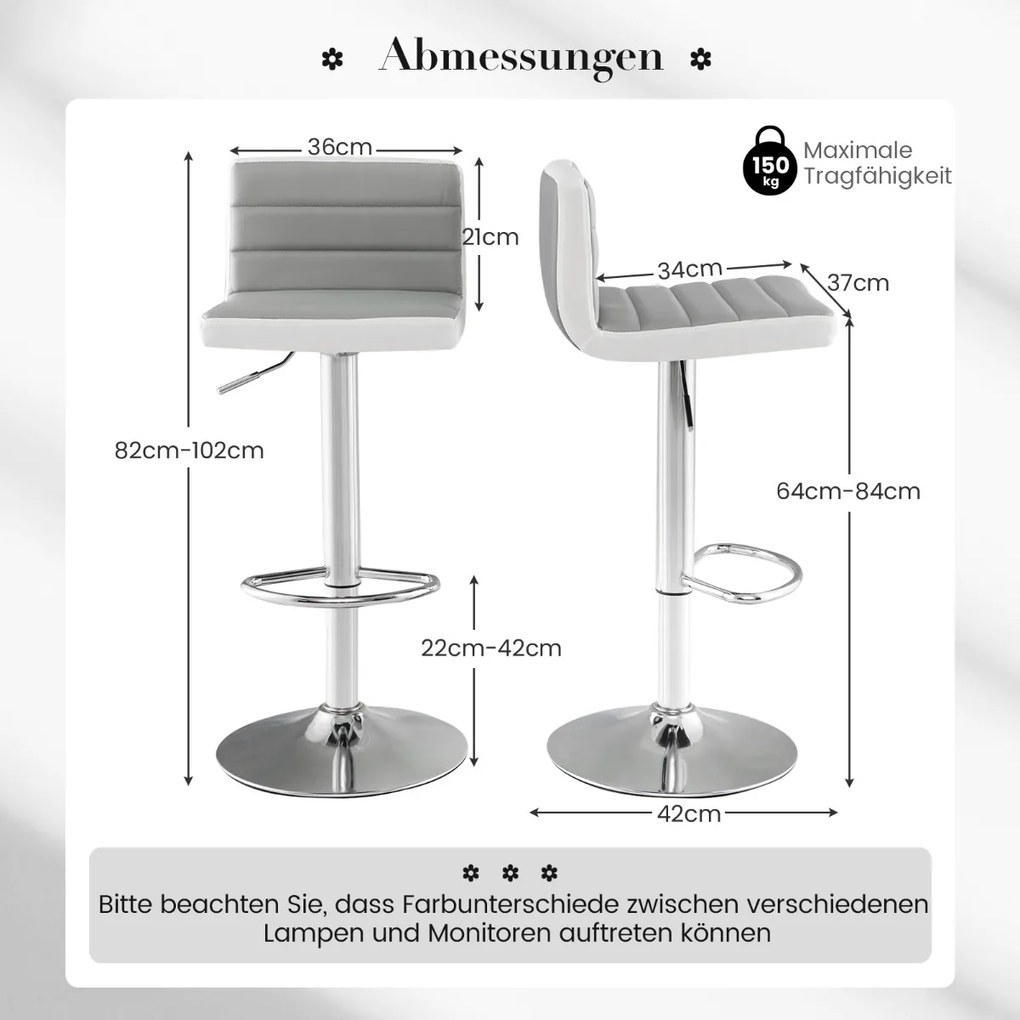 Costway Sada 2 barových židlí 82-102 cm výškově nastavitelné otočné barové židle