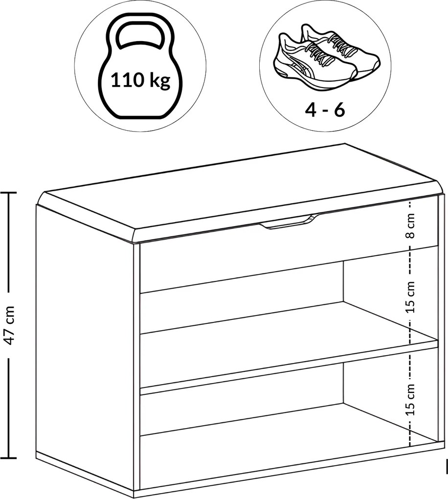 Botník bílý se sedákem LEVA, 60 x 30 x 47 cm - hnědý