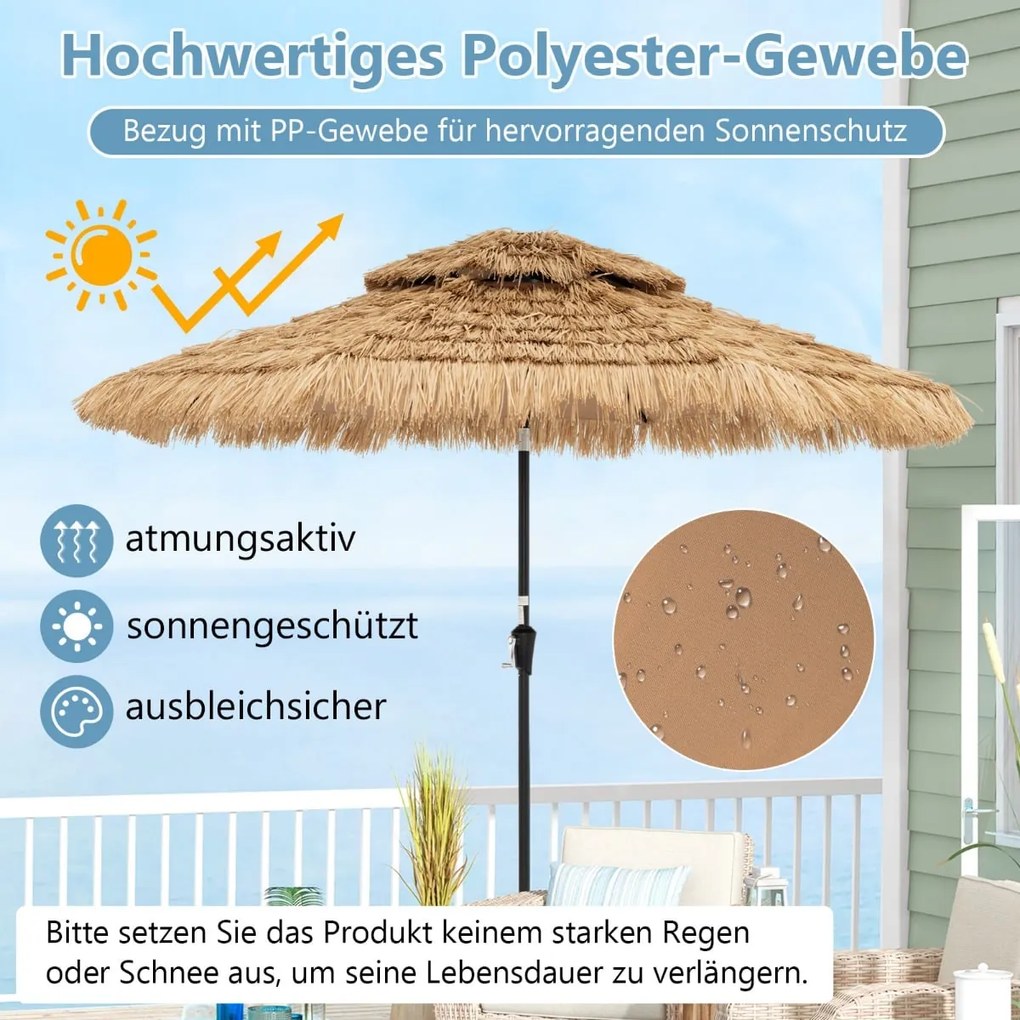 Costway Slunečník Hawaii slaměný 270 cm s LED solárním osvětlením a dvojitou