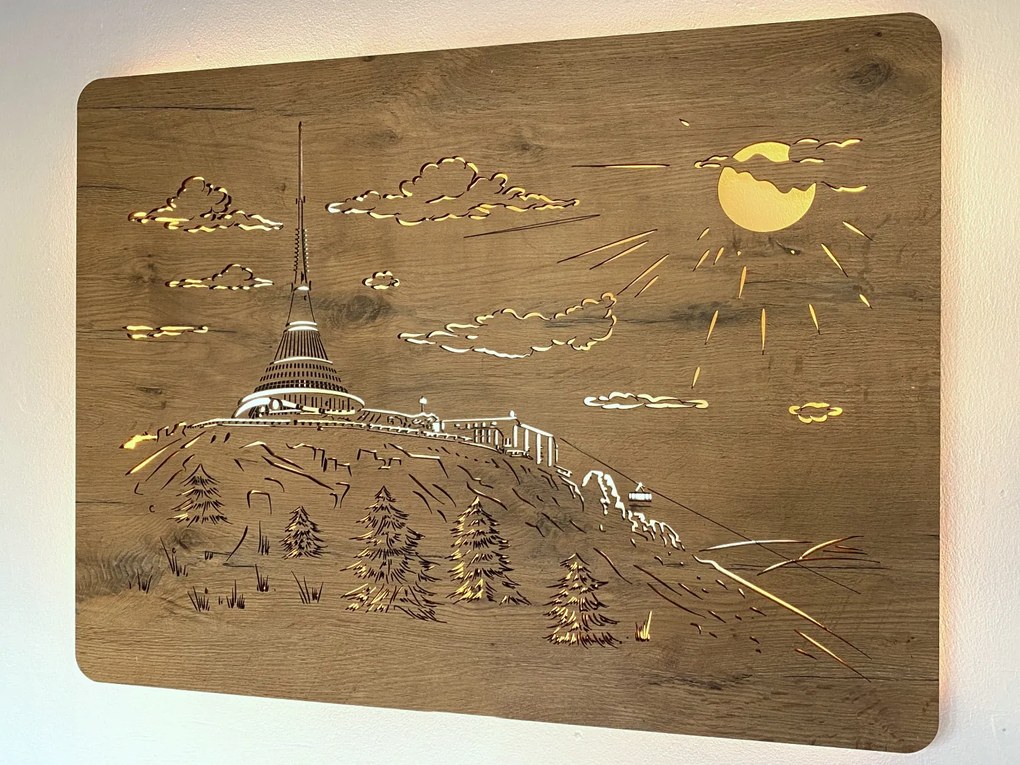 Li-Go "Ještěd" světelný obraz s baterií 90x62cm varianta: ovládání na obraze bez dálkového ovladače, provedení: dub