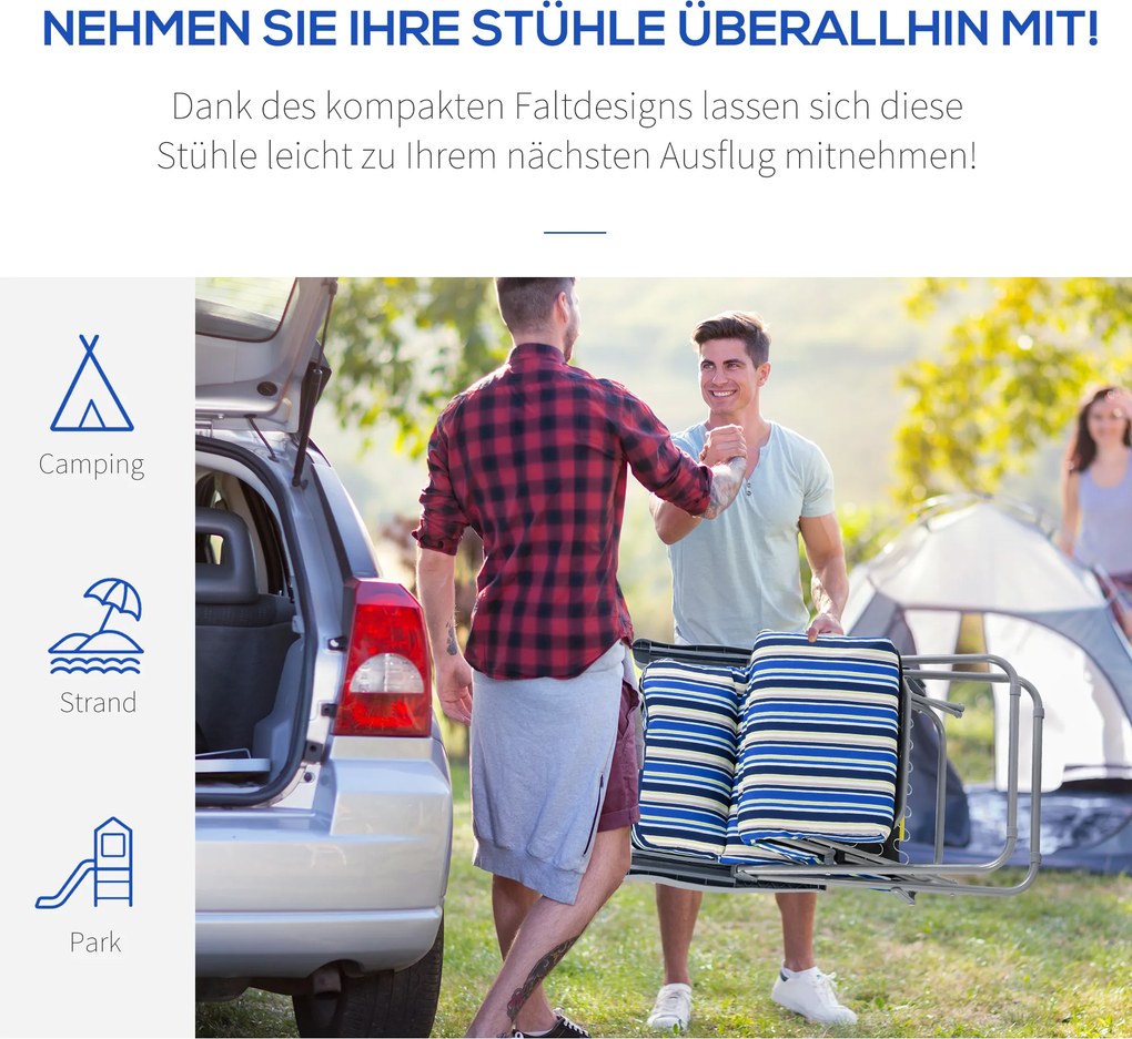 Outsunny lehátko sada 2 lehátek s polštářem skládací nastavitelné opěradlo ocel polyester modrá 60x75x65-102cm na zahradní terasu | Aosom.de