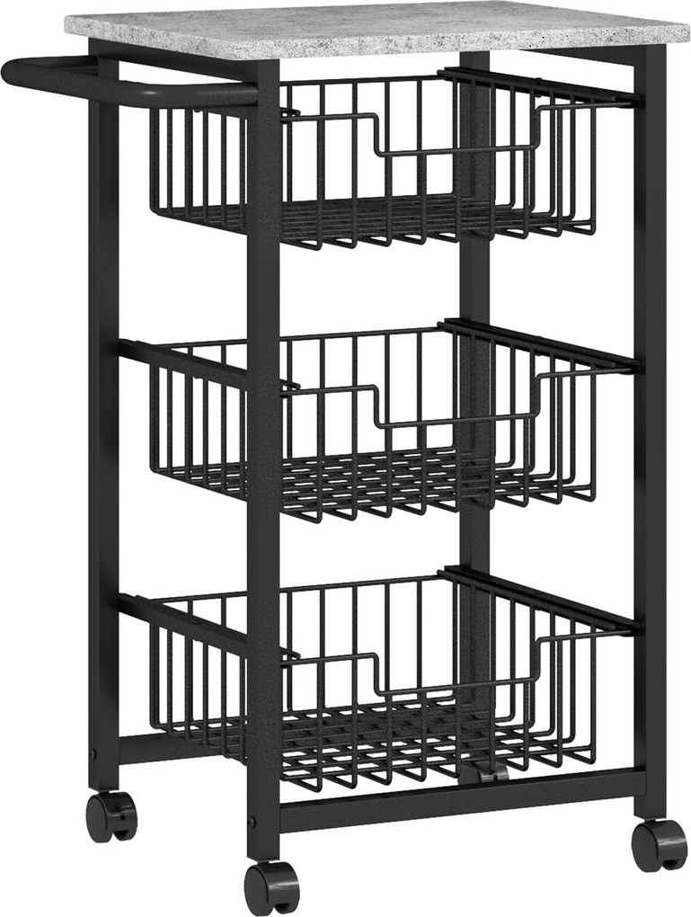 HOMCOM Kuchyňský vozík na zeleninu se 3 posuvnými koši a ocelovým rámem, pojízdný pomocný vozík do jídelny 49,5x31x69 cm Světle šedá