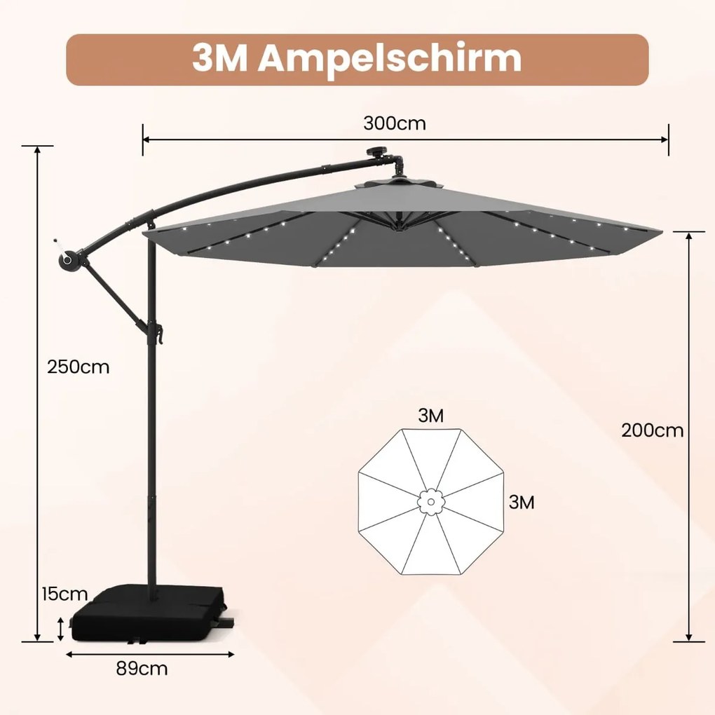 Costway Ø 300 cm konzolový deštník se 40 solárními LED světly a pytli s – šedá