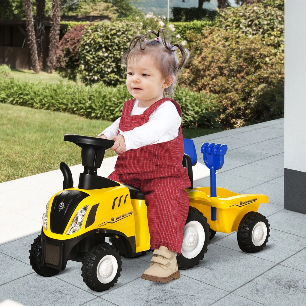 HOMCOM dětské jezdící auto s přívěsem pro 2 roky, žluté dětské vozidlo traktor z plastu a kovu, jezdící vozidlo pro interiér a exteriér