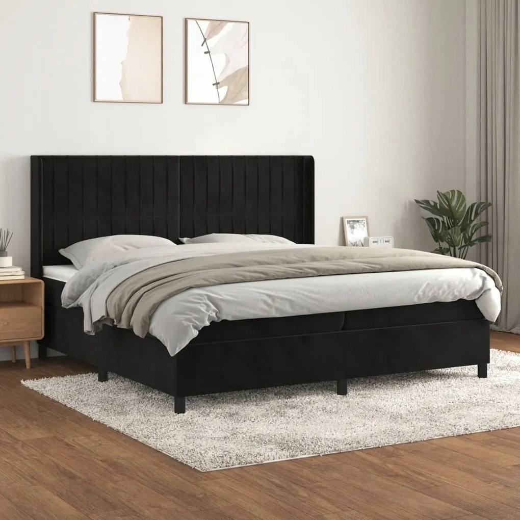 Box Spring Postel S Matrací Černá Samet Černá Svislé pruhy 200 x 200 cm