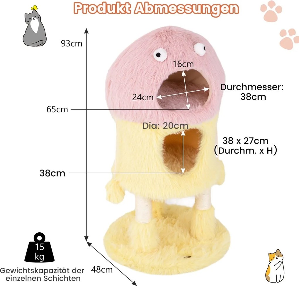 Costway Cat tree malý 93 cm vysoký kočičí strom s motivem monster se 2 kočičími