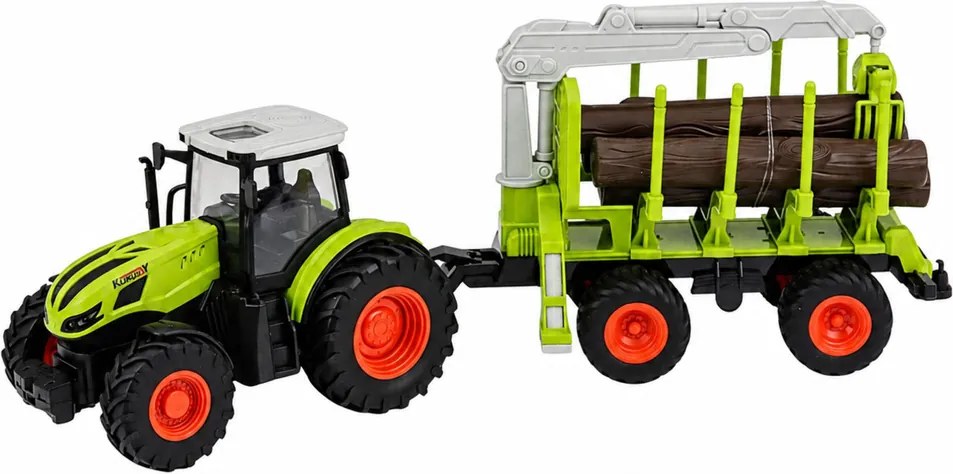 LEAN Toys Dálkově ovládaný traktor RC s lesním přívěsem a drapákem na dřevo v měřítku 1:24
