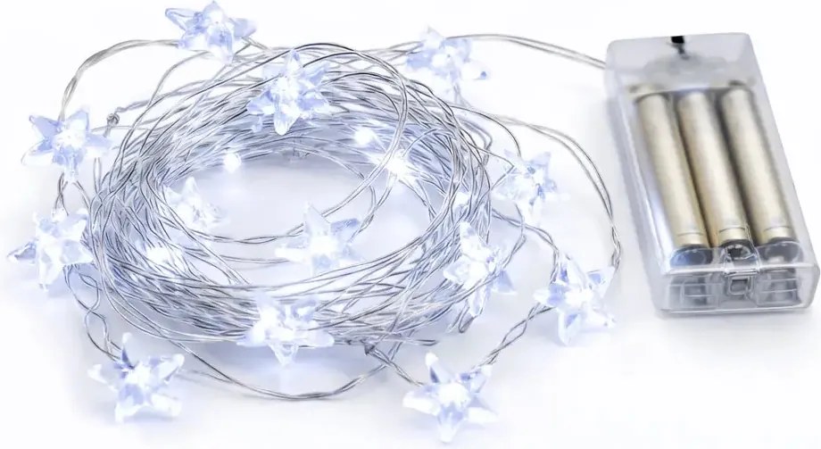 LED světýlka na baterie, hvězdičky, 2,3 m, ledově bílá, 20 diod, drátek, IP20 interiér, 3 × AA
