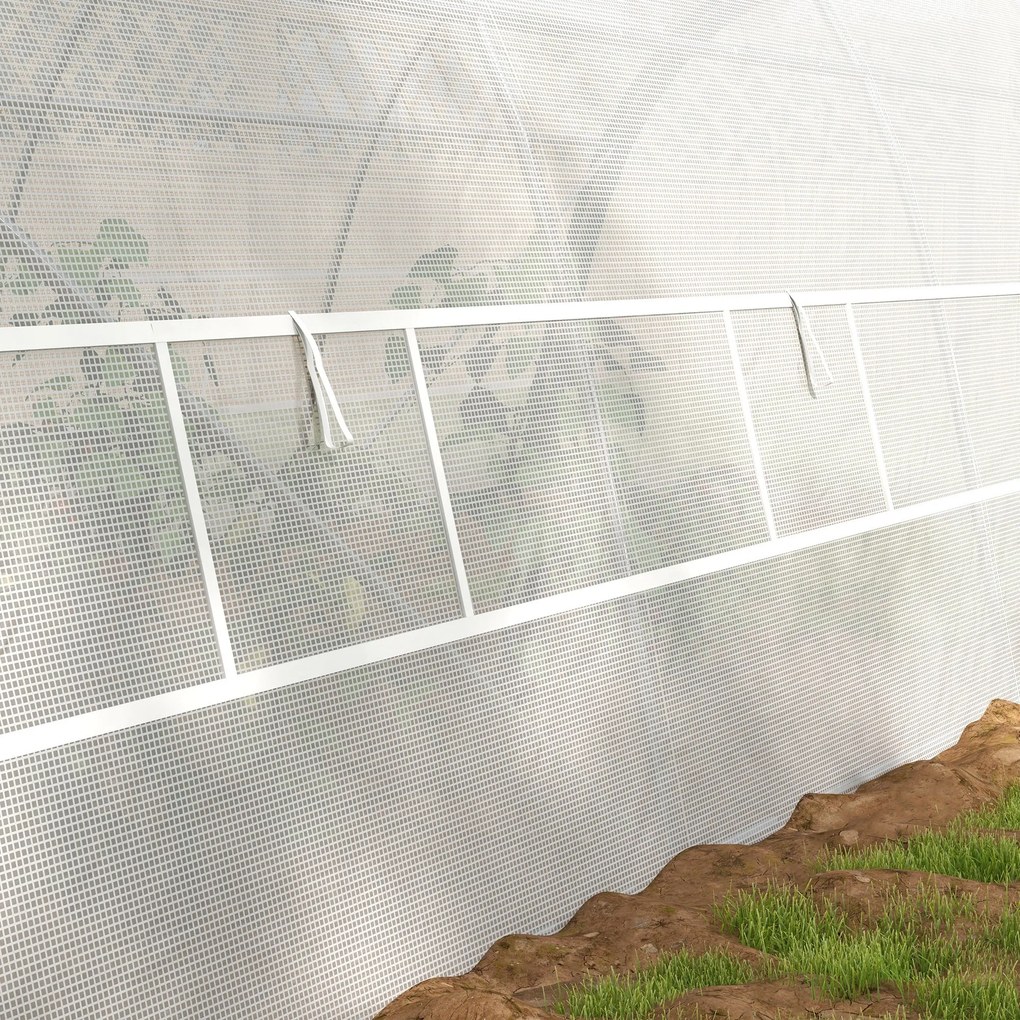 Zahradní tunelová skleník Outsunny 18m² – 6L x 3W x 2H m - 8 oken, zabalovací zipová vrata - Rám z pozinkované oceli, bílý kryt z vysoce hustého PE