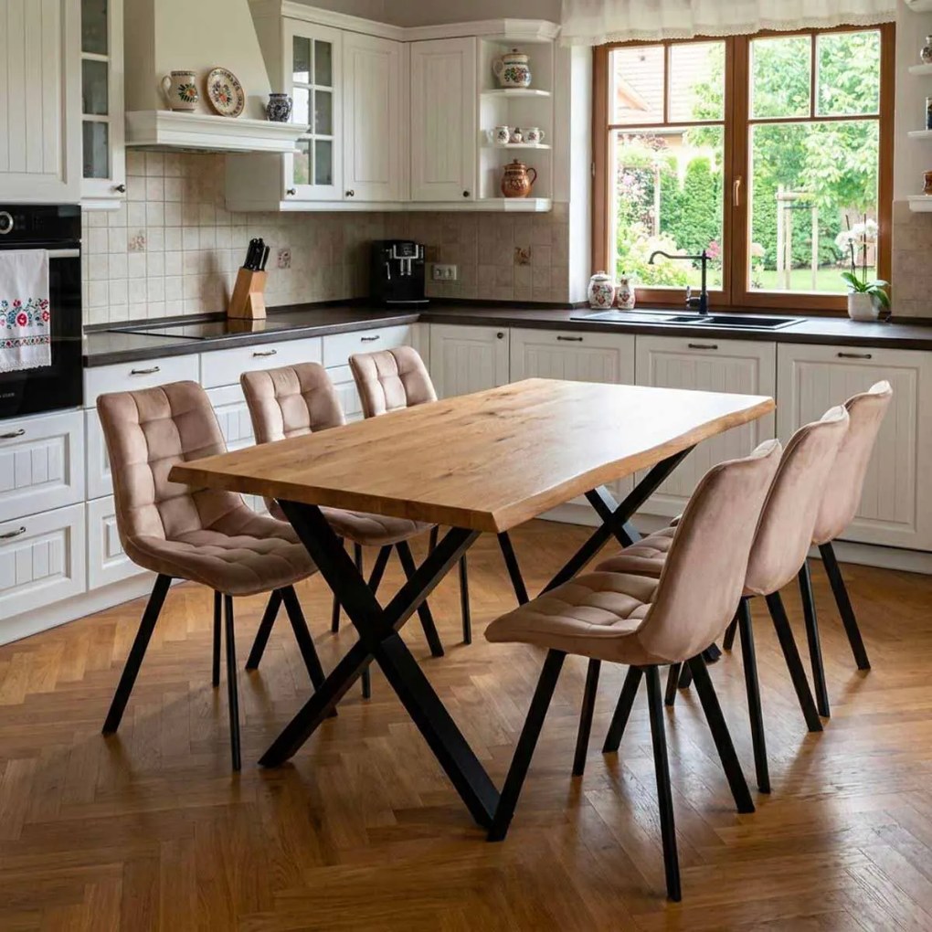 Vikio Jídelní set pro 6 osob 180x90 cm soft dub noha X béžová židle VJS238-6BE-S