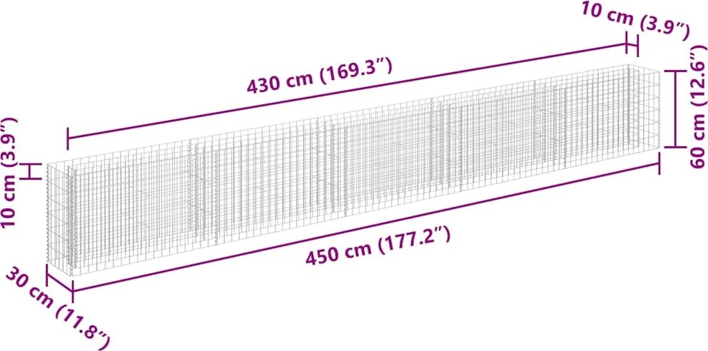 Gabionový vyvýšený záhon pozinkovaná ocel 450 x 30 x 60 cm 145646