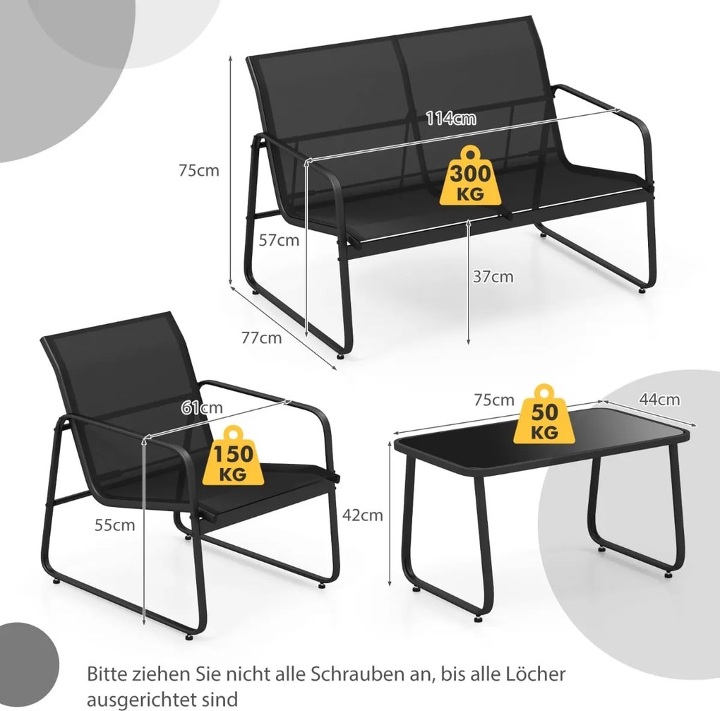 Costway 4 TLG. Terrassenmöbel-Set mit Kaffeetisch aus Gehärtetem Glas Sitzgruppe