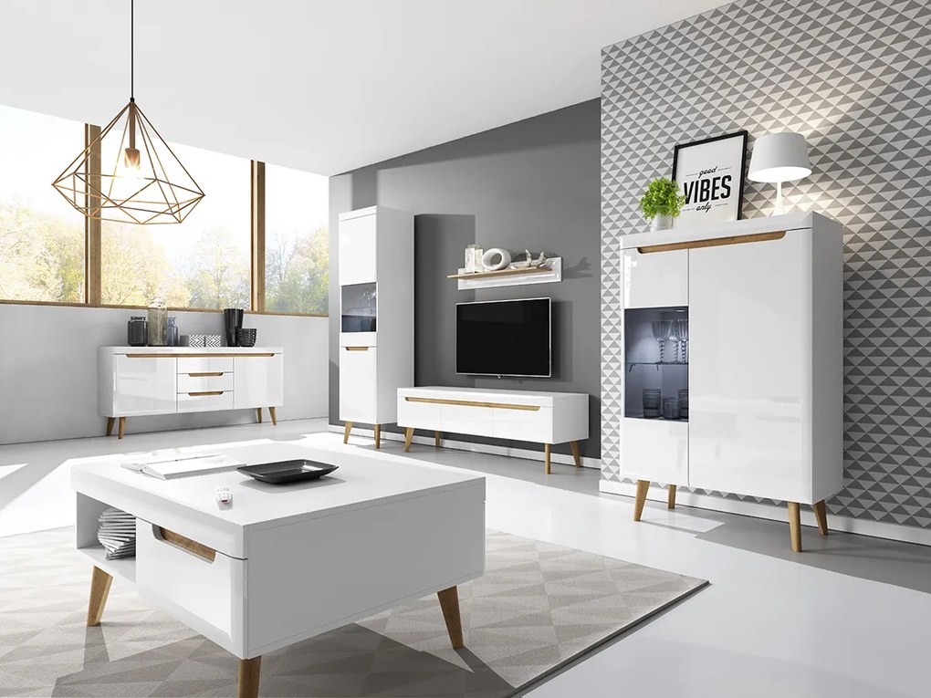 Vitrína NORDI NWT90 Bílý lesk + dub riviera