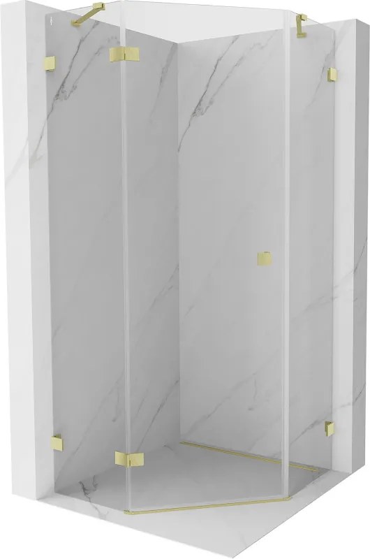 Mexen Lunar, Pětiúhelníkový sprchový kout Mexen Lunar naklápěcí doleva 100 x 100 cm, 8mm čiré sklo, zlatý matný profil, 831-100L-100P-55-00-L
