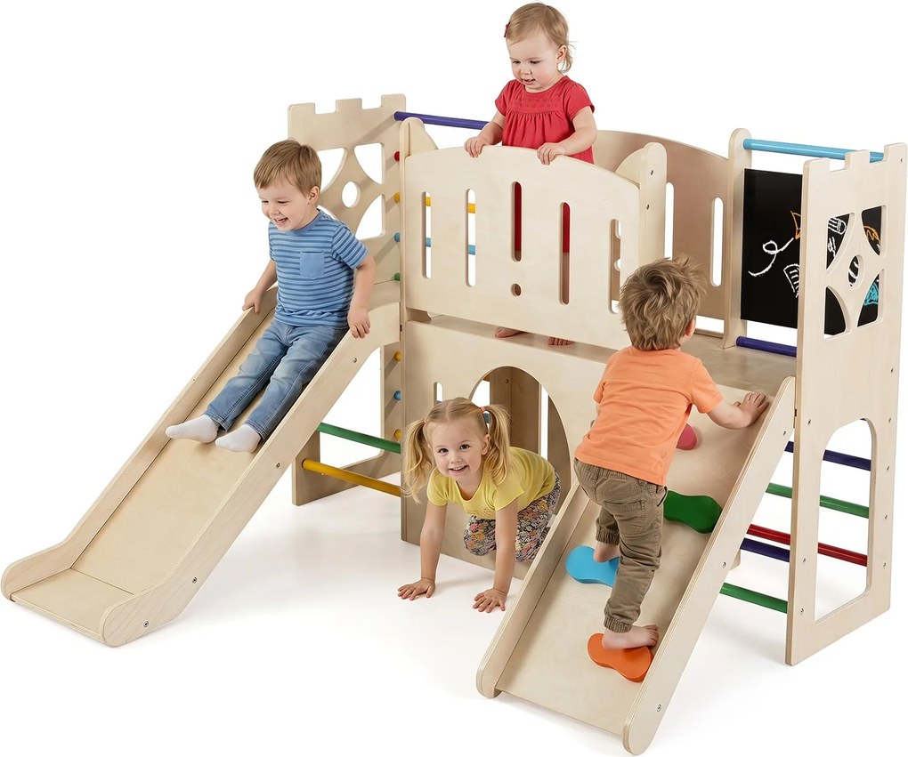 Costway 8-in-1 Vnitřní hřiště Dřevo se skluzavkou Lezecký žebřík Lezecká rampa