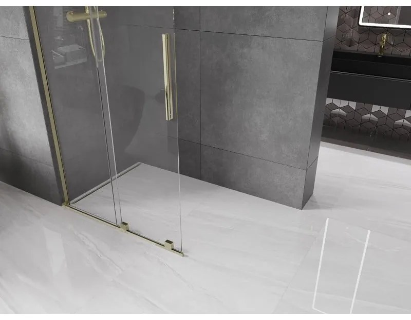 Mexen Velar L, posuvná sprchová zástěna Walk-in 100 x 200 cm, 8mm čiré sklo, zlatá lesklá, 871-100-003-03-50
