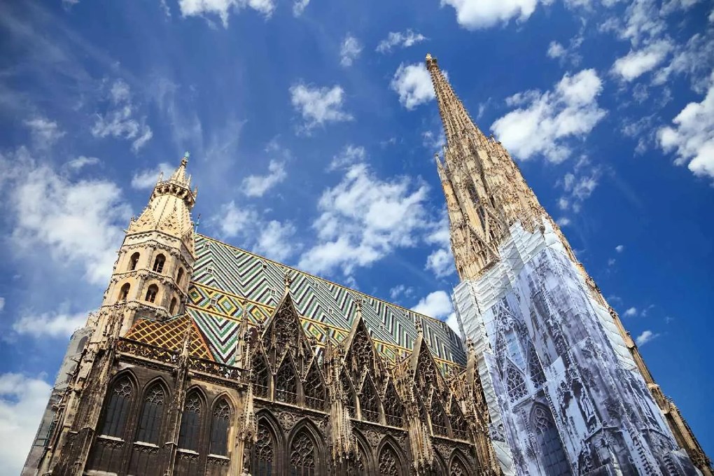 DIMEX | Samolepicí vliesová fototapeta na zeď Katedrála ve Vídni MA-5-1066 | 375 x 250 cm | modrá, bílá, šedá