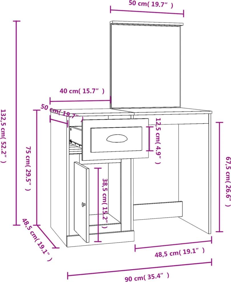 vidaXL Toaletní stolek se zrcadlem 90x50x132,5 cm kompozit [816767] Barva: Bílá