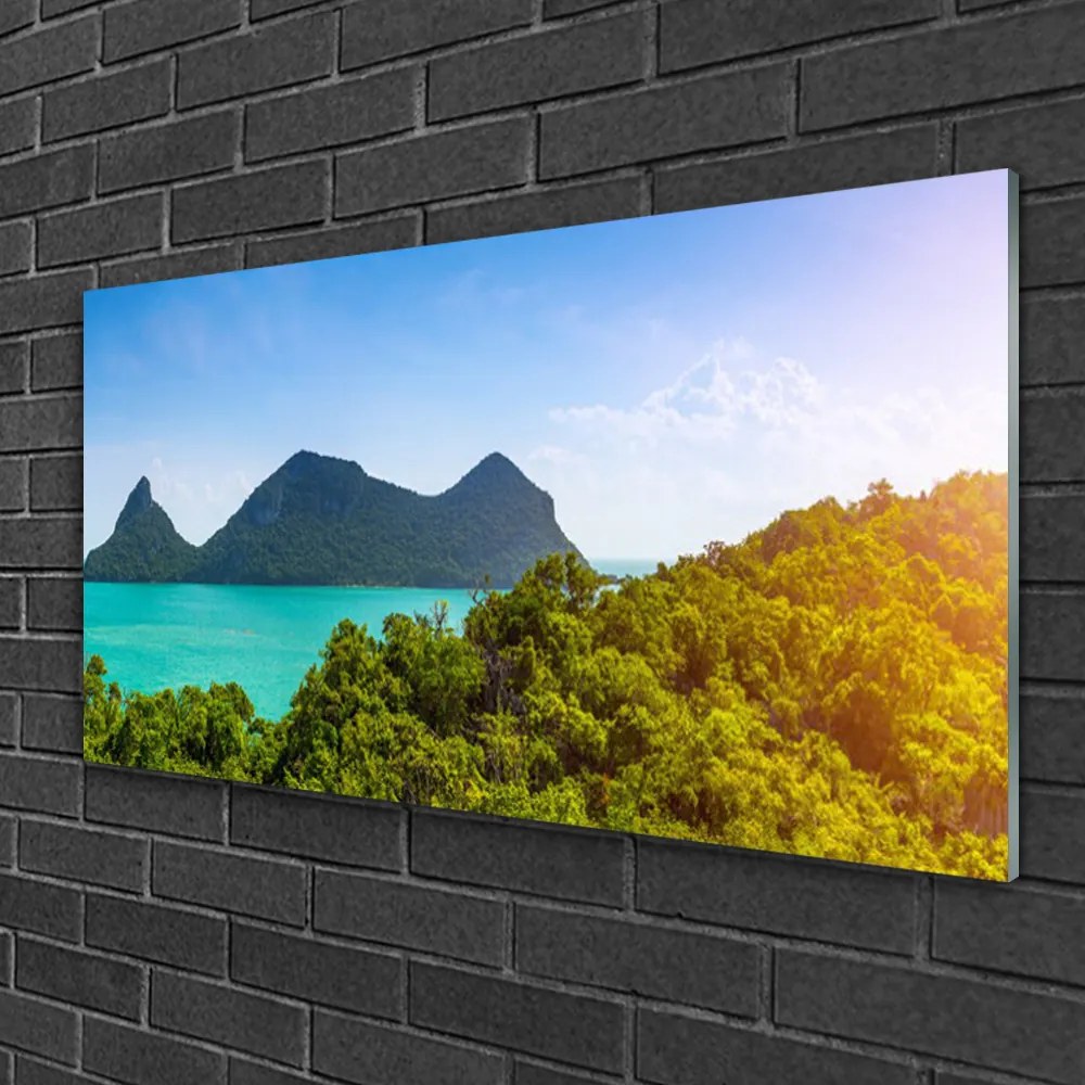 Obraz na skle Hory Moře Stromy Krajina 100x50 cm