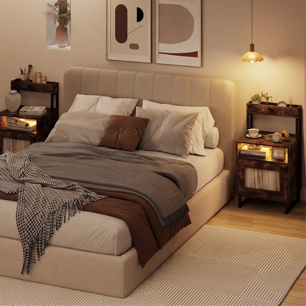 Costway Moderní noční stolek s LED osvětlením a horním tácem