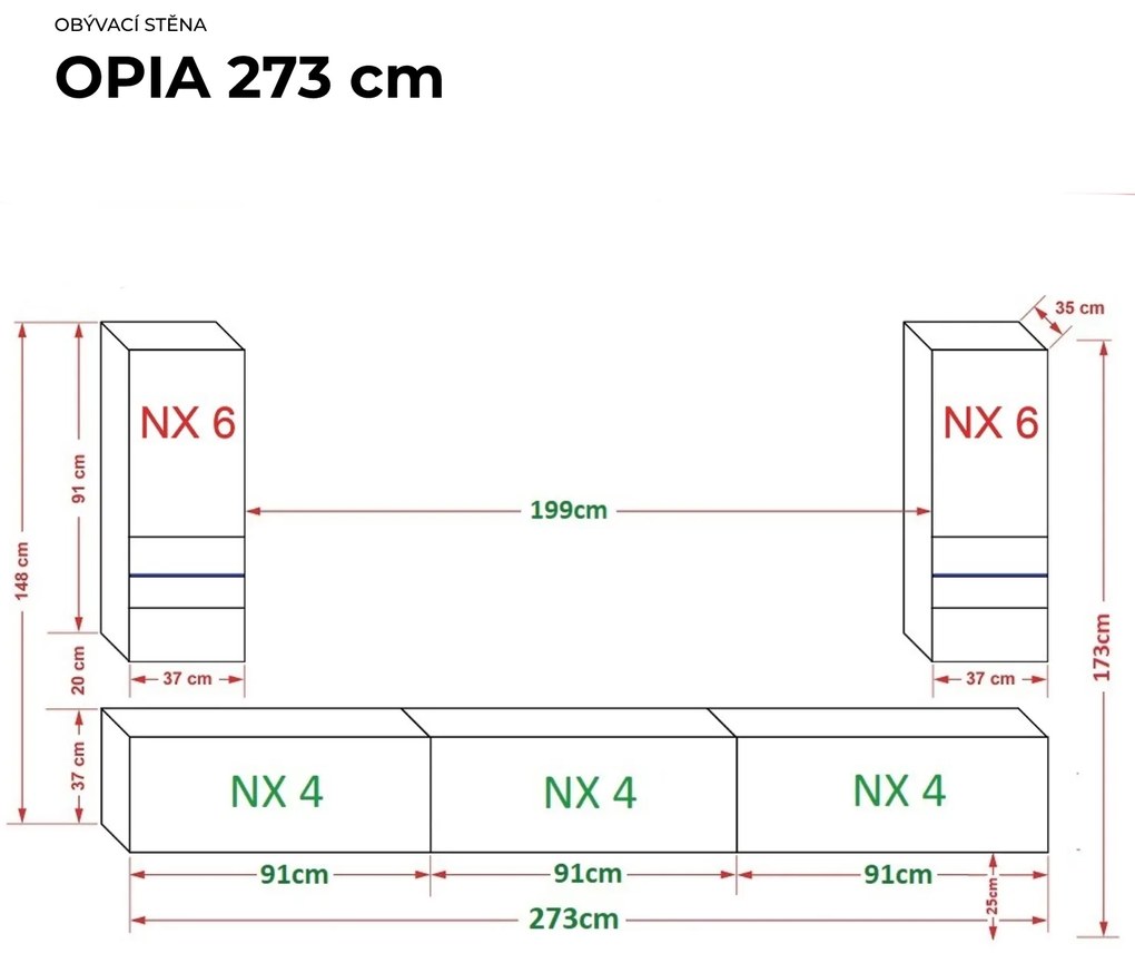 Ral Obývací stěna OPIA 10, 273 cm - Bílý lesk