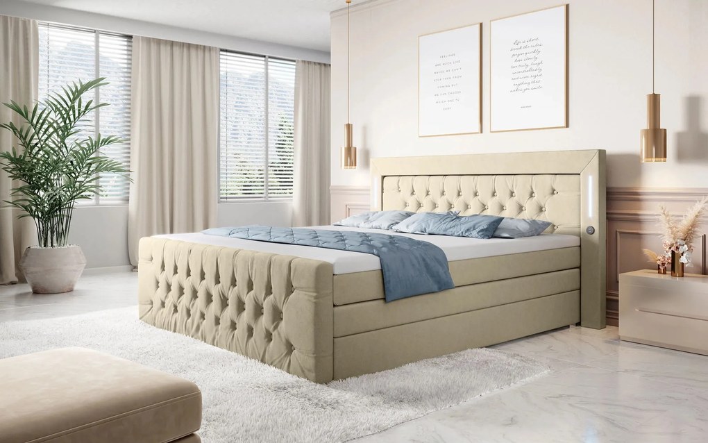 K&M postele Boxspring postel QUEEN s úložným prostorem, LED a USB Velikost postele: 160 × 200 cm, Výběr matrace: Oboustranná pružinová matrace - stře…