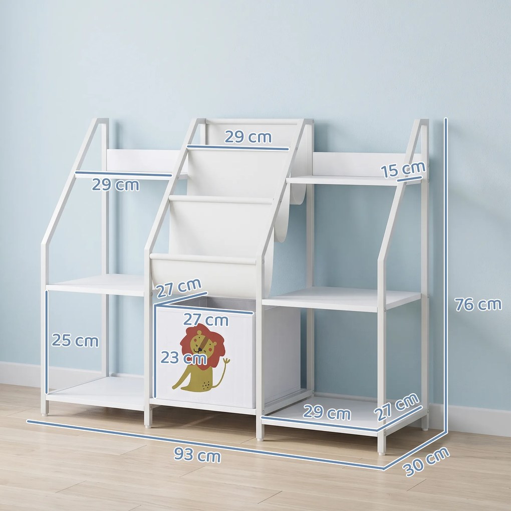 AIYAPLAY Montessori knihovna pro děti 3-8 let se 3 látkovými přihrádkami, dřevěnými vložkami a zásuvkou, bílá