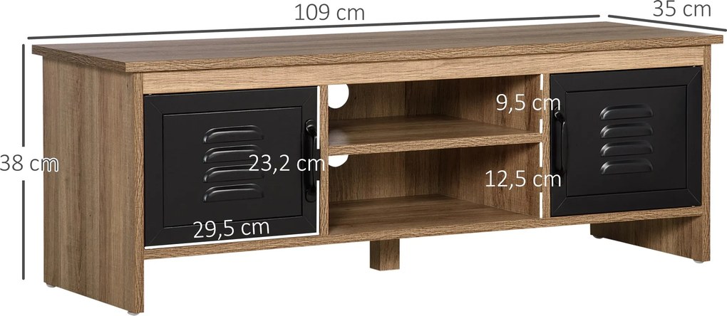 HOMCOM 43" Televizní Stojan v Průmyslovém Designu s 2 Skříňkami, 2 Nikami, 2 Otvory na Kabely, Dřevěným Povrchem a Černými Kovovými Dveřmi