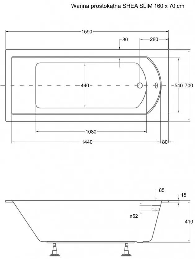 BESCO Obdélníková vana SHEA SLIM Nožičky k vaně - Bez nožiček, Rozměr vany - 160 × 70 cm VANSHEA160SLIM