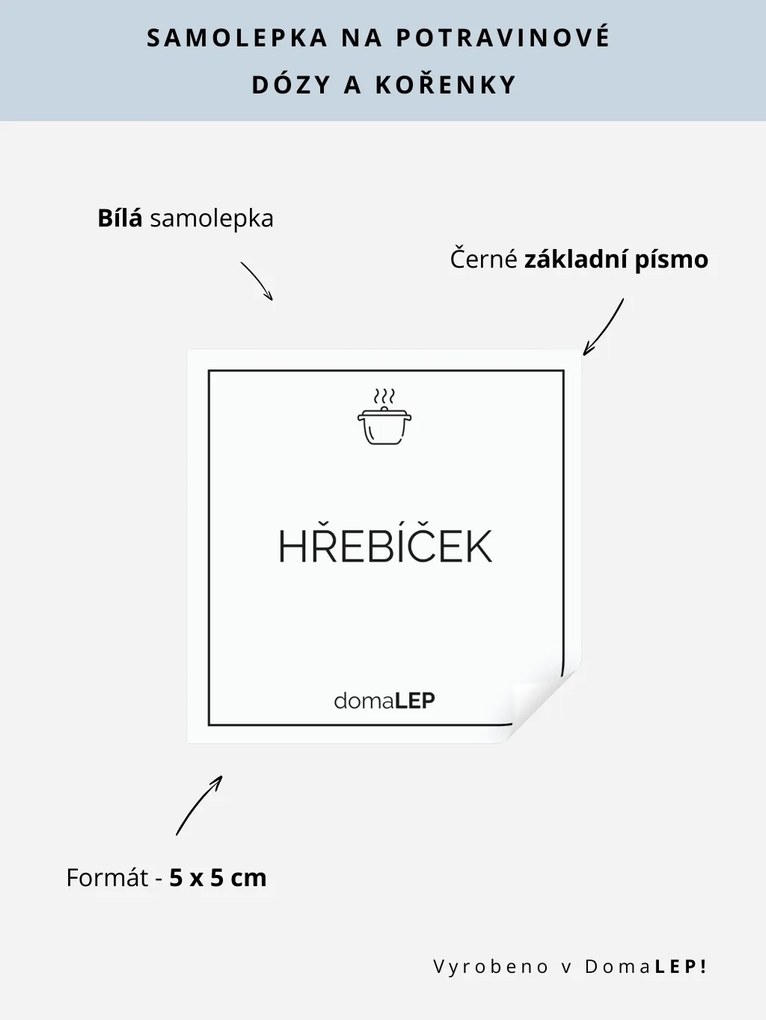 Samolepka na kořenky HŘEBÍČEK bílá 5 × 5 cm základní písmo