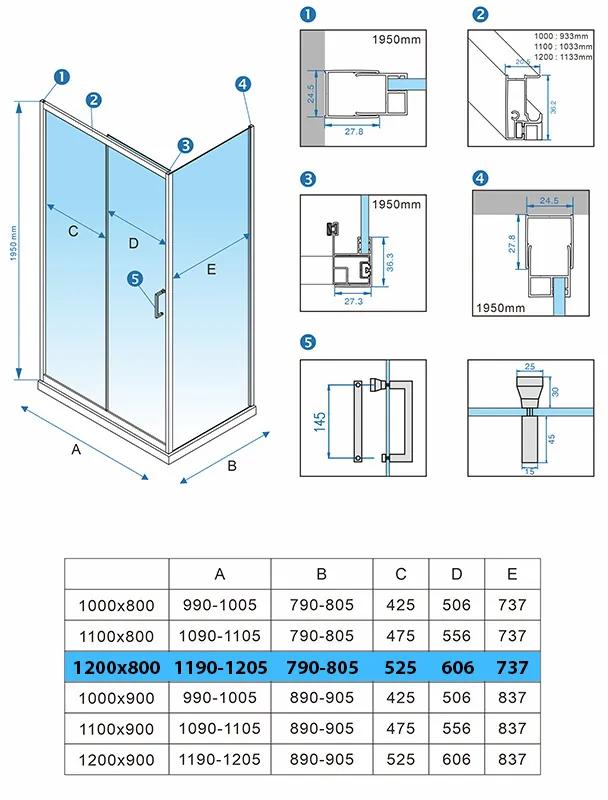 BPS-koupelny Obdélníkový sprchový kout HYD-OK103C 120x80 chrom/transparent + vanička HYD-OSV-SXL03E černá