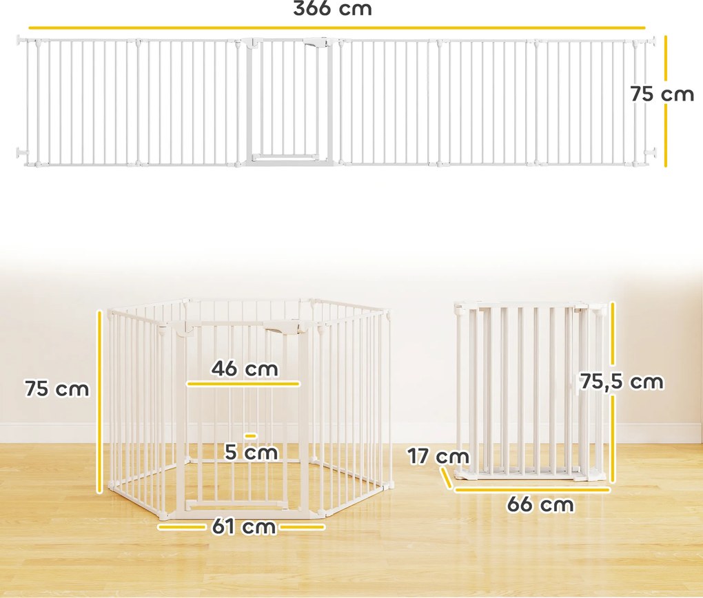 Ohradník pro domácí mazlíčky, 6dílná zábrana s dvířky, skládací, pro malé a středně velké psy, plast, uhlíková ocel, bílá barva