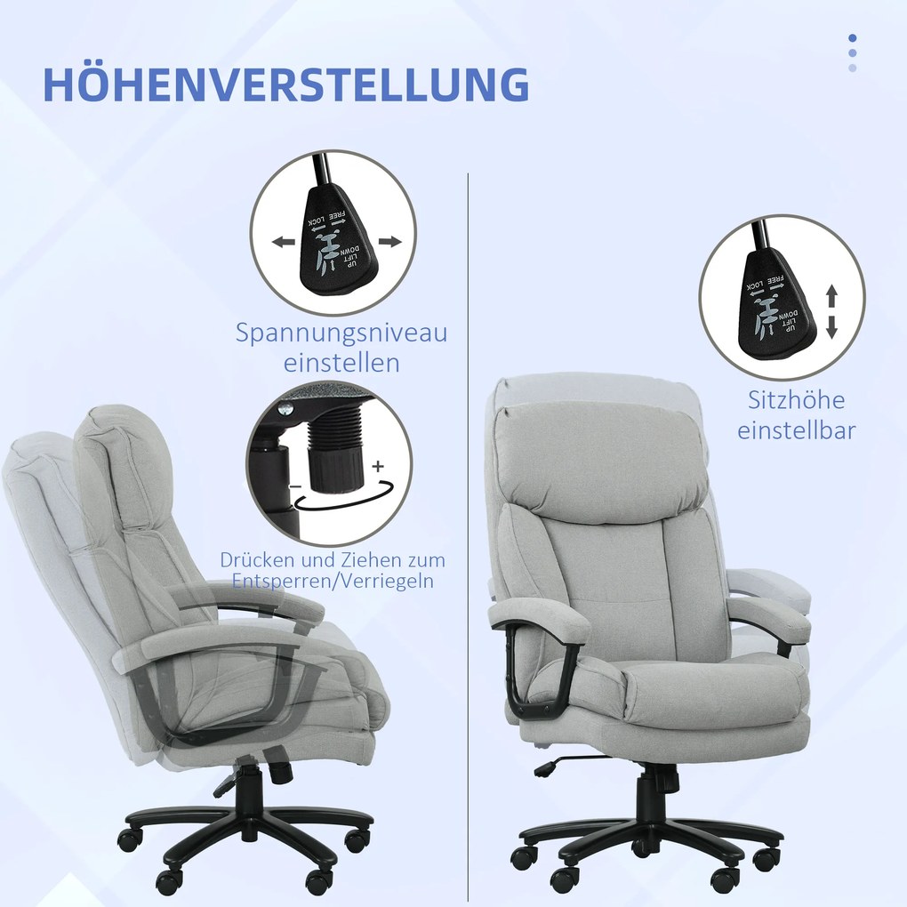 HOMCOM Velká vysoká kancelářská židle, nosnost 200 kg, robustní konstrukce, měkký potah, světle šedá