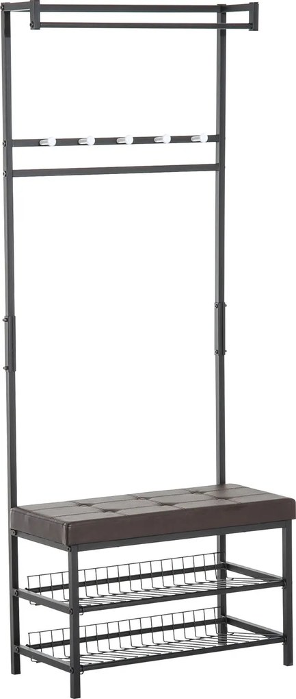 HOMCOM Věšák s lavicí Věšák na oděvy Kovové 2 botníky Sedák 72,5x35x180cm do předsíně a vstupní haly