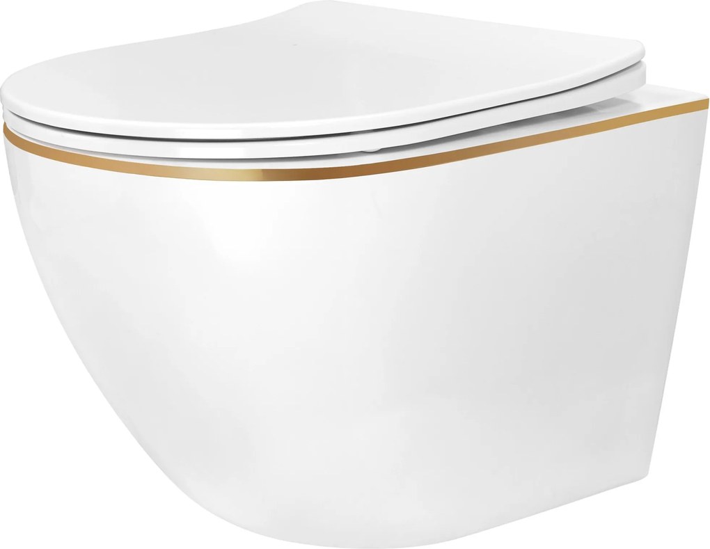 Rea Carlo Mini Tornado NF, závěsná WC mísa 490x365x350mm + toaletní sedátko, bílá-zlatý okraj, REA-C6806