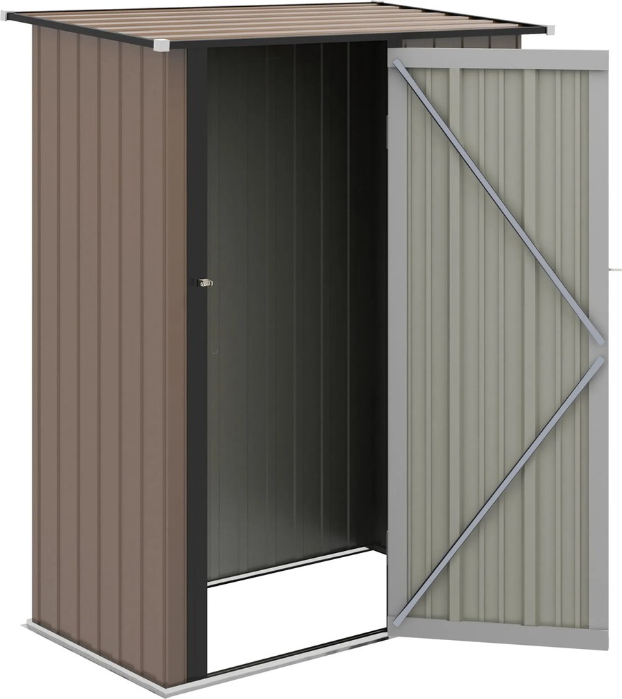 Zahradní domek Outsunny 1,07 m² 142x84x189 cm kovový exteriérový domek se zámkem a odvodňovacími otvory pro ukládání nářadí hnědý | Aosom