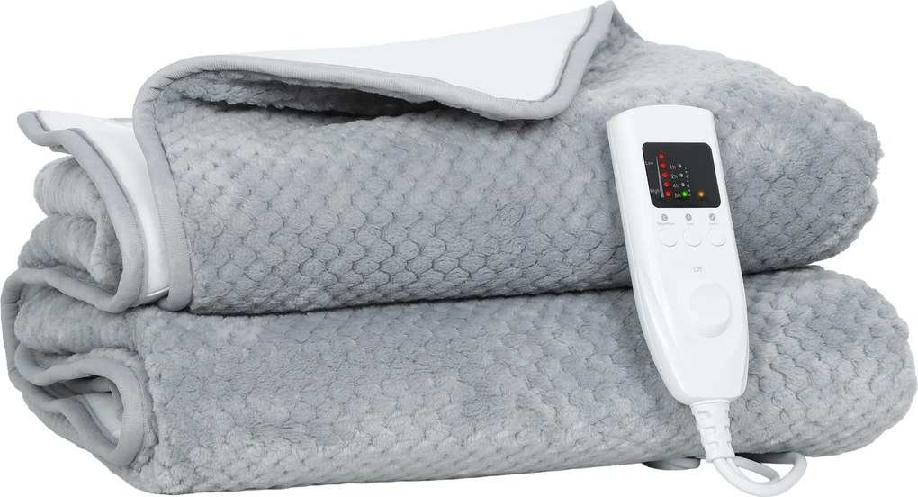 HOMCOM Elektrická deka 160x140 cm s 5 stupni vytápění a 2 dálkovými ovladači, z fleecu a polyesteru, šedá