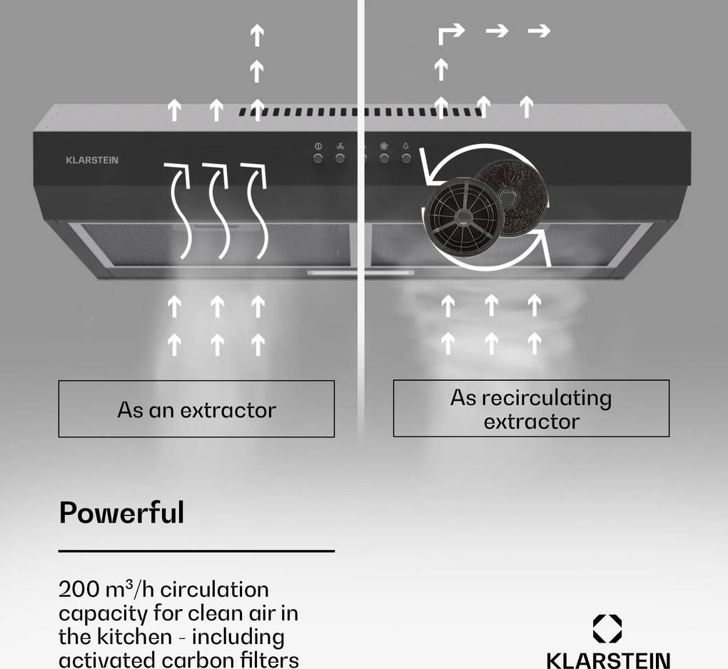 Klarstein Contempo 60, digestoř, 60 cm, podskříňková, 200 m³/h, LED, akryl, nerezavějící ocel