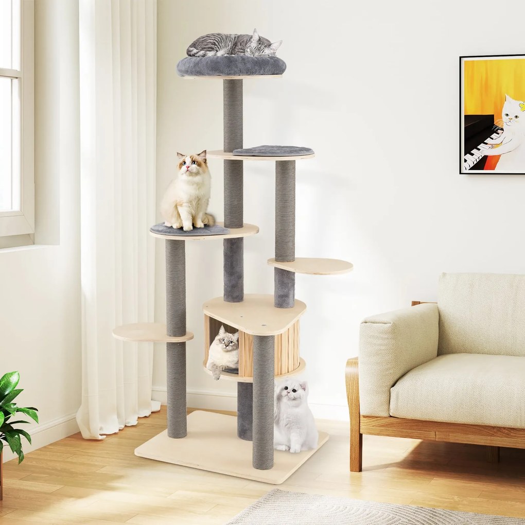 Costway 172 cm vysoký vícepatrový kočičí strom s pohodlnou polstrovanou horní