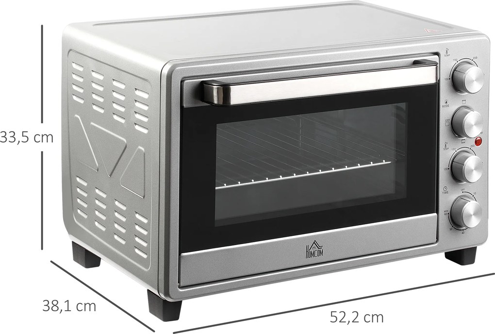 HOMCOM Mini trouba 32L, 1600W, Elektrická trouba s plechem na sběr strusky, nerez a sklo, stříbrná, 52.2x38.1x33.5cm