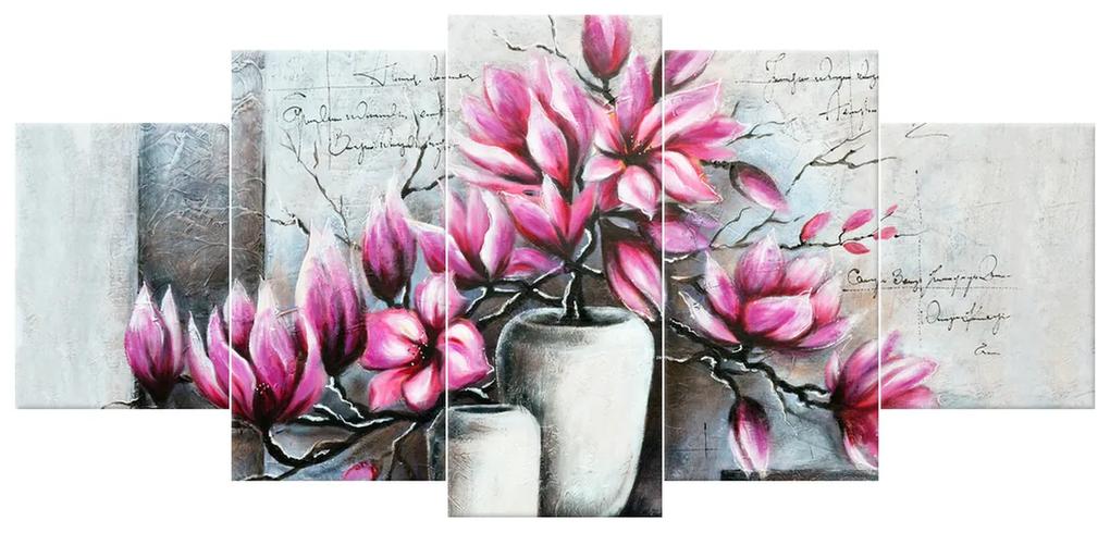Gario Ručně malovaný obraz Růžové magnolie ve váze - 5 dílný Rozměry: 150 x 105 cm