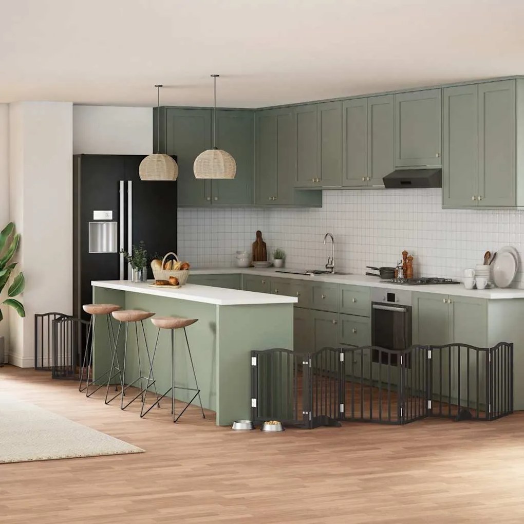 Zábrana pro psy s dvířky skládací 9 panelů černá 450 cm topol 3155597