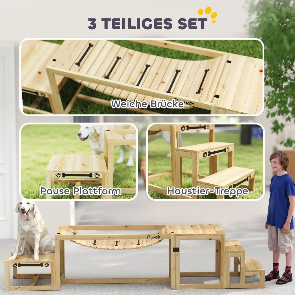 PawHut Agility set pro psy, konstrukce pro výcvik psů s mostem, schody, plošina, jedlové dřevo, pro velké psy do 40 kg