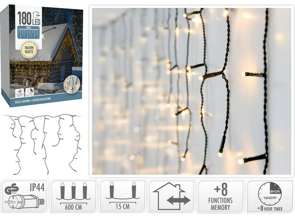 Světelný vánoční řetěz Icicle teplá bílá, 180 LED, 6 m