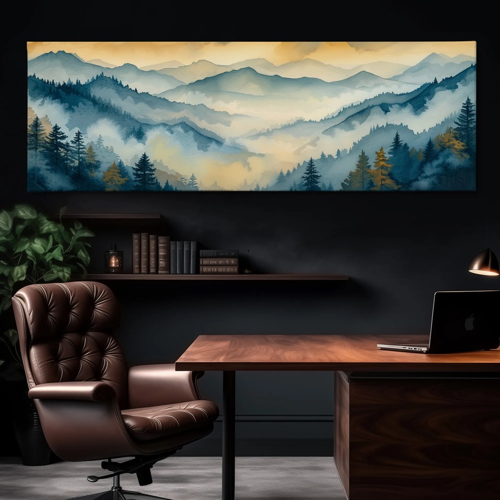 Obraz na plátně - Mlžné kopečky se smrkovými lesy FeelHappy.cz Velikost obrazu: 150 x 50 cm