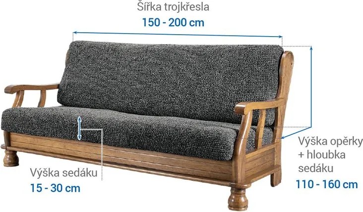 Bielastické potahy VITTORIA šedá trojkřeslo s dřevěnými rukojeťmi (š. 150 - 200 cm)