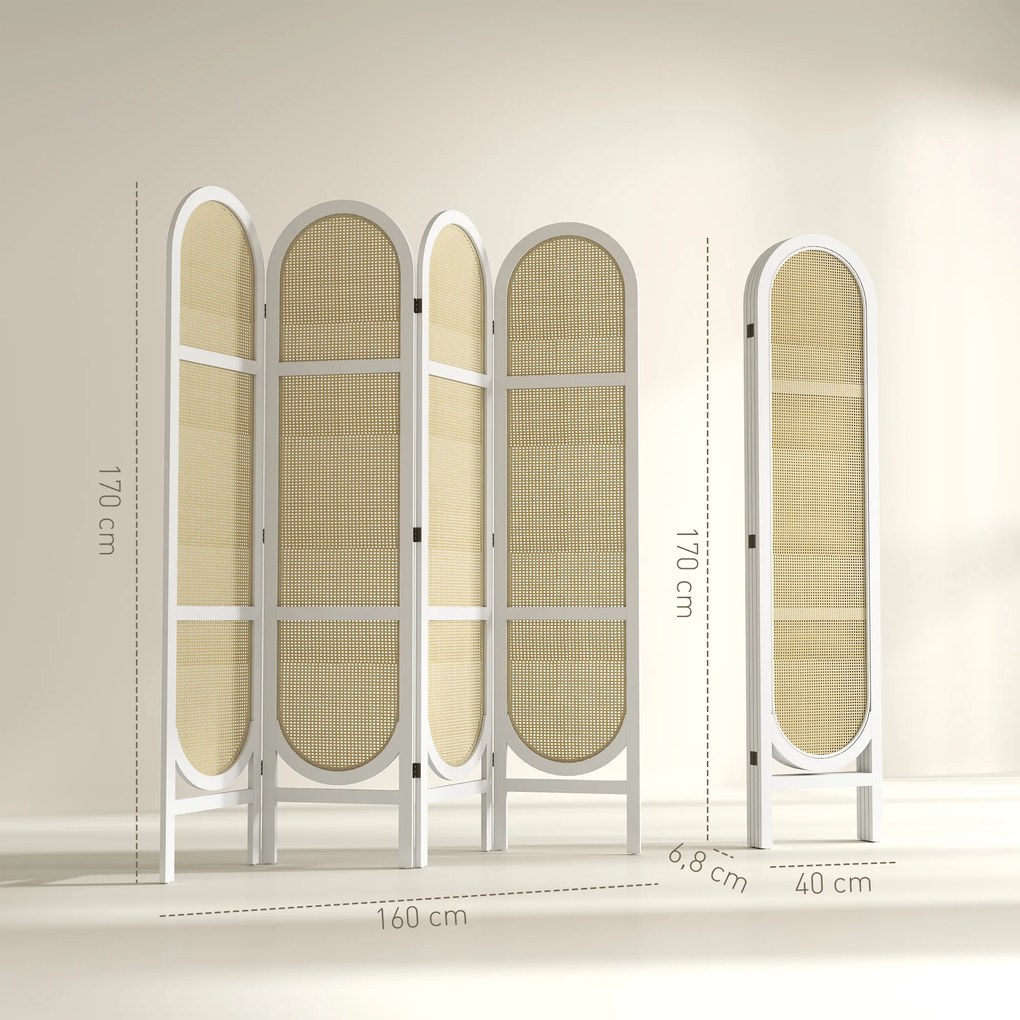 HOMCOM Dřevěná Příčka do Interiéru 4 Panely 170 x 160 cm, Skládací a Přenosná, Ručně Tkaný Vzor, Oddělovací Příčka pro Obývací Pokoj a Ložnici, Bílá