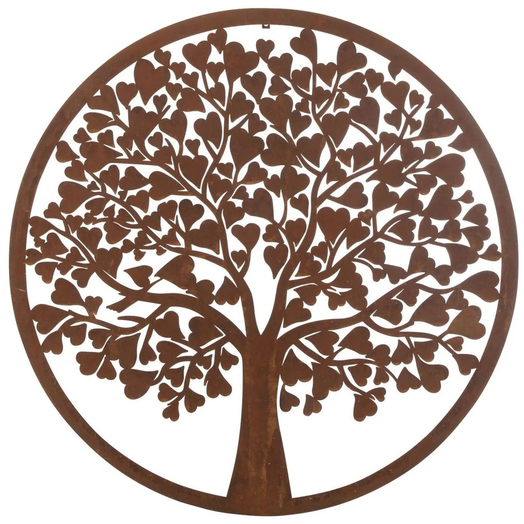 Rezavá kovová zahradní nástěnná dekorace strom se srdíčky - Ø 99*1,5 cm
